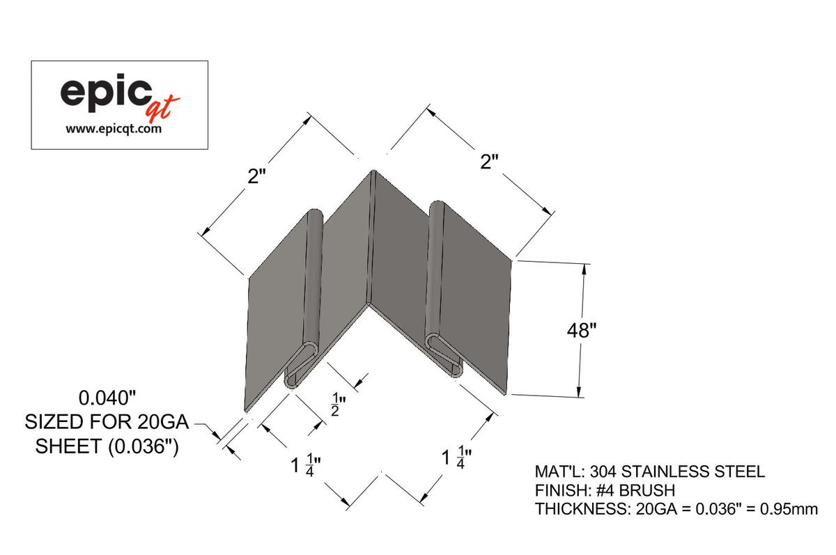 Stainless Steel 90° Inside Corner Panel Trim - 20ga | #4 Brushed Finis